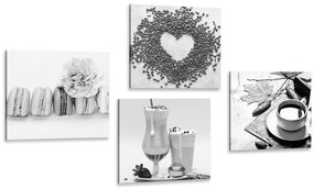 Set obrazů nápoje se sladkým potěšením v černobílém provedení