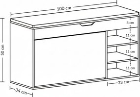 Botník černý se sedákem a výsuvnými policemi GRADIA, 100 x 34 x 50 cm