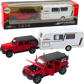 LEAN Toys Sada: terénní auto, karavan, kovové, pohon, světla, zvuky, červená, 1:32