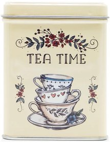 Plechová dóza Tea Time, 100 g – béžová, s víčkem na panty, na čaj, kávu a bylinky