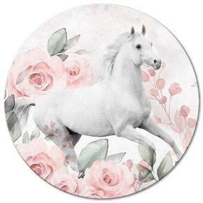 Kulatý obraz Bílý kůň - kůň cválající mezi růžemi