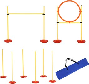 PawHut Agility Set pro psy – 3dílná agility výbava pro výcvik psů, skoky s 6 tyčemi pro slalom, výškově nastavitelná překážka, skákací kruh, přenosná