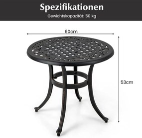 Costway Terasový stůl Ø 60 cm vyrobený z litého hliníku s nastavitelnými