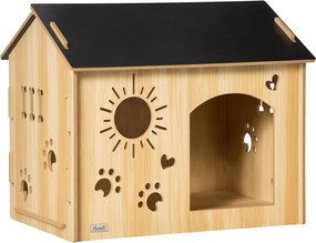 Dřevěná psí bouda PawHut pro malé zvířata s ventilačními otvory, psí kotec s střechou, psí jeskyně, vnitřní MDF Jasan + Černá 69 x 50 x 58,5 cm | Aoso