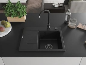 Mexen Ben, 1-komorový granitový dřez 600x500x190 mm, pravý + černý sifon, černá, 6523605000-77-B