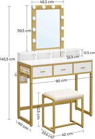 VASAGLE Toaletní stolek s osvětlením 90x40x145,5cm bílý zlatý