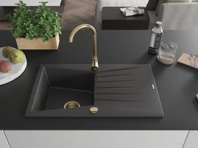 Mexen Cesar, granitový dřez 775x470x190 mm, 1-komorový, černá skvrnitá se zlatým sifonem, 6514771010-76-G