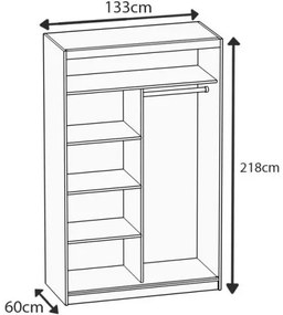 Originální šatní skříň Verner 133 cm - bílá / bílý lesk / černý lesk