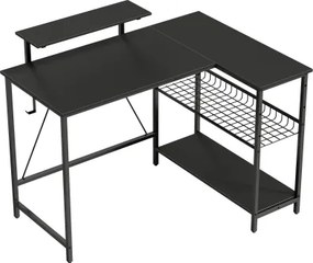 HOMCOM oboustranný L-herní stůl s podstavcem na monitor a nastavitelnou síťovanou policí, 114,5 × 82 × 91,5 cm, černý s karbonovým vzorem