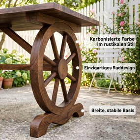 Dřevěný zahradní stůl Outsunny, venkovní stůl na terasu 110x60x65 cm s nohami ve tvaru kol, nosnost 100 kg, stůl pro venkovní terasu s povrchovou úpr…