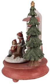 Červená vánoční hrací skříňka Santa s dětmi a stromkem - 14*11*23 cm