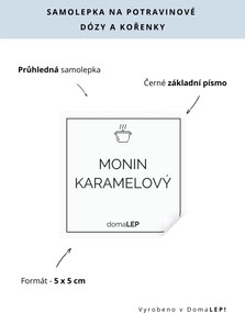 Samolepka na láhev MONIN KARAMELOVÝ 5 x 5 cm – průhledná vinylová, voděodolná, omyvatelná samolepka na dózy, základní písmo