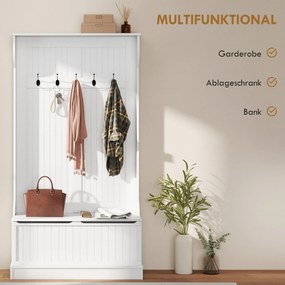 HOMCOM věšák na kabáty s botníkem a lavičkou, organizační prvek do předsíně, s 5 háčky a úložným prostorem, 96x34x179,7cm, slonová kost