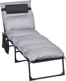 Skládací lehátko, 5stupňové polohování opěradla, polštář, podpěra, do 120 kg, ocel, světle šedá, 58 x 189 x 32,5 cm