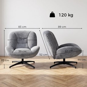 HOMCOM Otočné křeslo do obývacího pokoje, lounge křeslo se širokým sedadlem, integrovanou opěrkou rukou, vzhled chenillu, tmavě šedá