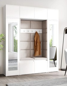 Bílá předsíňová stěna Emi 32 se zrcadly a čalouněnými panely