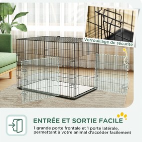 PawHut Psí Boudička, Skládací Transportní Klec pro Psy s 2 Dveřmi, Odnímatelný Tácek, Pratelný Měkký Polštář, Ocelový Rám, 91 x 62 x 68 cm, Černá