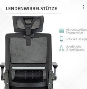 Ergonomická kancelářská židle Vinsetto, židle k psacímu stolu s nastavitelnou opěrkou hlavy, výškově nastavitelné područce, počítačová židle s funkcí…