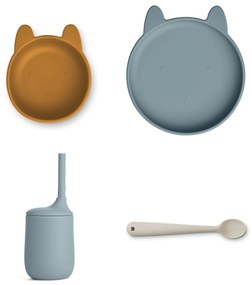 LIEWOOD Silikonový jídelní set Rabbit/Whale blue multi mix - set 4 ks, modrá barva, hnědá barva
