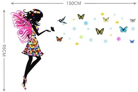 Samolepka na zeď "Víla s motýly a kolibříkem" 95x150 cm