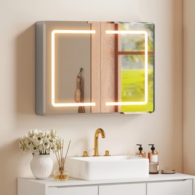 HOMCOM Zrcadlová skříňka do koupelny s LED osvětlením, 60 x 80 cm koupelnová skříňka s protimlžnou, 3-cestnou stmívatelnou