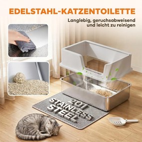 PawHut Kočičí toaleta XL z nerezové oceli s víkem, vysoké boční stěny, lopatka, kartáč, podložka pro koťata až do 8 kg, světle šedá
