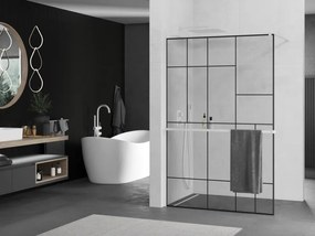 Mexen Kioto+, sprchová zástěna Walk-In s poličkou a věšákem 70 x 200 cm, 8mm čiré sklo černý vzor, ​​bílý profil, 800-070-121-20-78