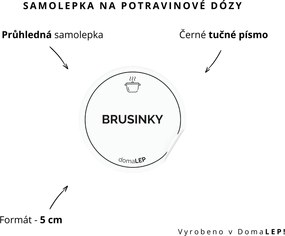 BRUSINKY - omyvatelná samolepka na dózu, výběr rozměrů Ø 5 cm / 5 x 5 cm / 6 x 8 cm | DomaLEP tvar: OBDÉLNÍK, barva: PRŮHLEDNÁ - ČERNÉ písmo, velikost: š. 6 cm x v. 8 cm – základní písmo