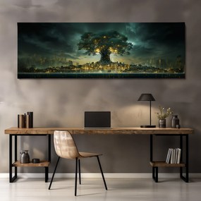Obraz na plátně - Kybernetická symbióza Strom života a městská krajina FeelHappy.cz Velikost obrazu: 120 x 40 cm