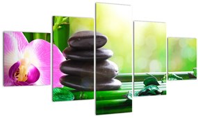 Obraz masážních kamenů a orchidee na vodě (125x70 cm)