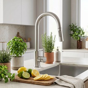 Rea Fresh Touch, vysoká kuchyňská baterie s výsuvnou 2-funkční sprškou, broušená ocel, REA-B6735