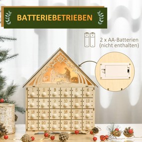 HOMCOM Adventní kalendář s LED osvětlením, 24 zásuvek, scéna betlému, 26,6 x 30 cm, vzhled dřeva