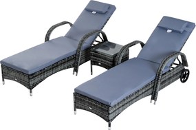 Outsunny Zahradní Lehátka s Bočním Stolkem - 3-dílná Sada Zahradního Nábytku, Polyrattan+Metal Šedý | Aosom