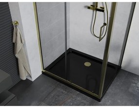 Mexen Apia rozsouvací sprchový kout 90 x 70 cm, Průhledné, Zlatá + sprchová vanička Flat, Černá - 840-090-070-50-00-4070G