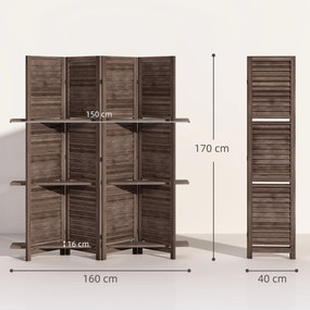 HOMCOM dřevěná vnitřní paravánka 4 panely 160 x 170 cm, skládací přepážka s 3 policemi, ořech