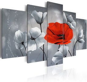 Obraz Výjimečnost (5 dílů) - šedý květinový motiv s červeným makem