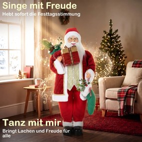 HOMCOM 120 cm zpívající a tancující Santa Claus, stojící animovaná vánoční postava s punčochou, pytlem, aktivovaná zvukem / dotykem