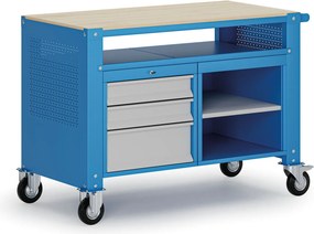 Pojízdný dílenský stůl G9, 2 police, 3 zásuvky, 1180 x 595 x 865-1130 mm, šedá/modrá