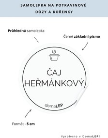 ČAJ HEŘMÁNKOVÝ – průhledná samolepka na dózu, základní písmo, 5 cm | DomaLEP