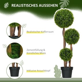 Umělý strom HOMCOM, Umělá rostlina, Zelený buxus se 3 koulí z bambusových listů, Včetně květináče, Pro vnitřní i venkovní použití, Výška 110 cm, Bez …