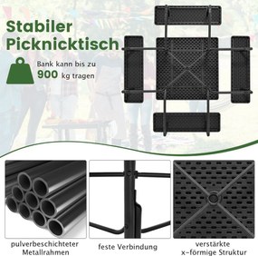 Costway Kulatý piknikový stůl s 4 lavicemi a otvorem na deštník pro 8 – černý