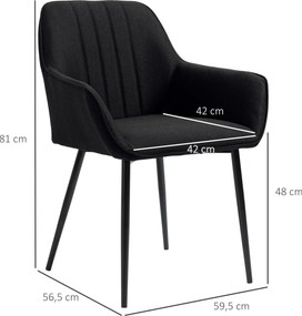 Jídelní židle HOMCOM v severském designu - Sada 2 židlí - Černé zkosené kovové nohy - Ergonomické lněné černé sedáky, opěradla a područky