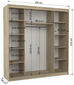 Šatní skříň s posuvnými dveřmi Megan - 200 cm Barva: Černá/Dub
