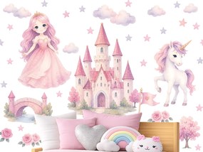 Princezna a růžové království samolepky na zeď pro holky arch 100 x 71 cm