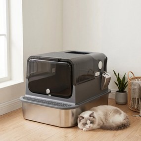 PawHut XXL nerezová krytá toaleta pro velké kočky — sklápěcí kryt, vysoké boky, vrchní vstup, lopatka, odolná vůči zápachu, snadné čištění, černá