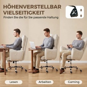 HOMCOM ergonomické kancelářské křeslo s podnožkou — krémově bílý flanel, silné čalounění, vysoké opěradlo, výškově nastavitelné