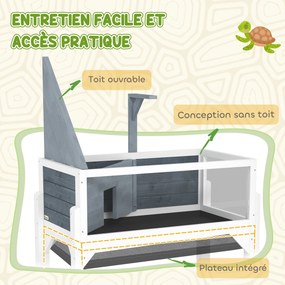 PawHut zvýšený dům pro želvy s 2 zónami, otevíracím víkem, držákem na lampu a panoramatickým výhledem – 84,5 × 47,5 × 90 cm (šedý)