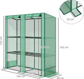 Outsunny Mini skleník s 3patrovou policí, plastové krytí, odolný proti UV, přenosný, rolovací dveře, 144 x 48 x 152 cm, zelená