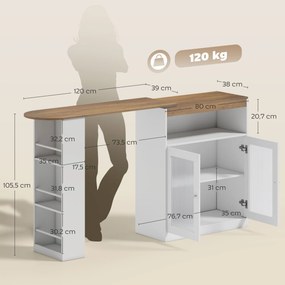 HOMCOM Rozkládací a o 360° otočný barový stůl s otevřenými policemi a 2 skleněnými dveřmi 150x80x105,5 cm, bílá a přírodní
