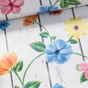 Bonita ubrus PVC s textilním podkladem 200 A, barevné květiny na smetanovém dřevě, š.140cm (metráž)